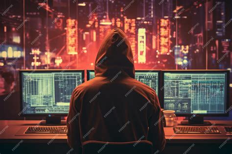 Premium Photo Hooded Hacker At Computer With Matrix Numbers Cyber