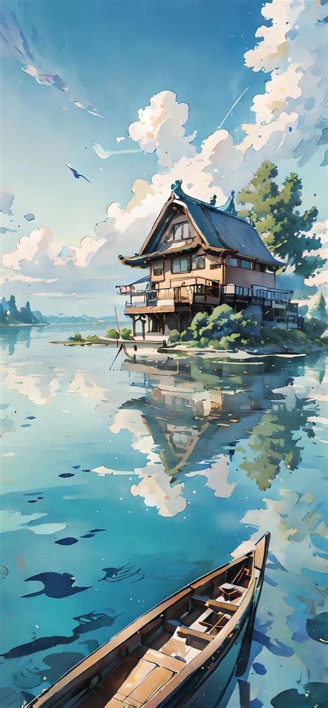 Water Scenery Drawing House In Water Wallpaper