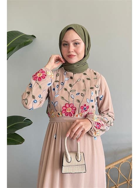 Beige Crew Neck Modest Dress