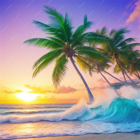 Premium Photo Palm Trees On The Beach And A Sunset In The Background