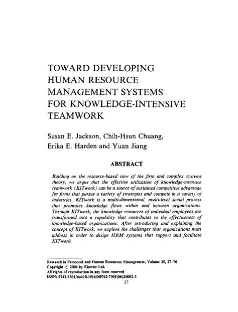 Pdf Toward Developing Human Resource Management Systems For Knowledge