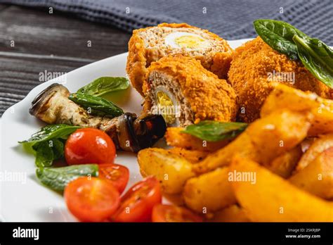 A Plate Showcases Golden Breaded Meat Rolls Filled With Egg