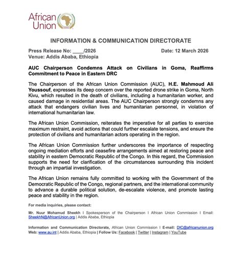 Auc Chairperson Ymahmoudali Condemns Attack On Civilians In Goma