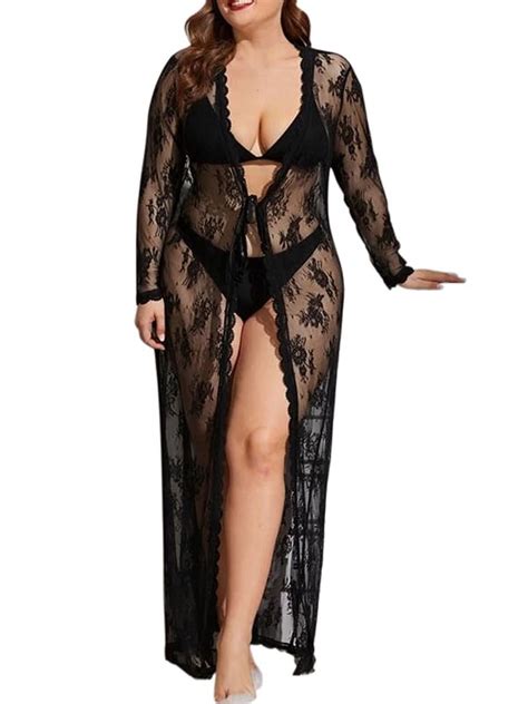 Lilylll Plus Size Womens Lace Lingerie Negligee Nightgown Cover Up