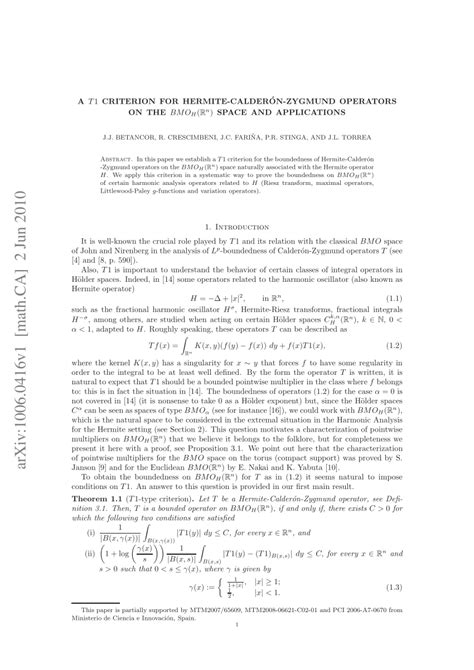 Pdf A T1 Criterion For Hermite Calderon Zygmund Operators On The Bmohrn Space And Applications