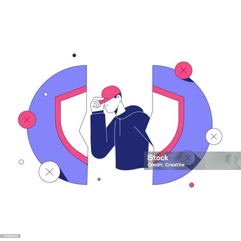 사이버 보안 보호 및 데이터 침해를 상징하는 평면 벡터 일러스트 레이 션에서 분할 보안 방패 사이에 서있는 까마귀를 입은 남성