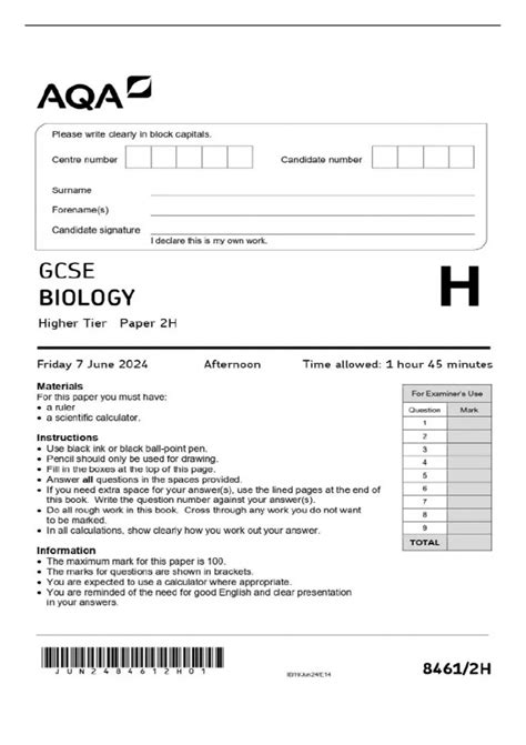 Gcse Aqa June 2024 Higher Triple Science Biology Paper 2 Science