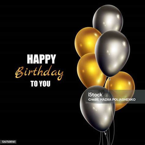 현실적인 인사말 카드 생일 축하합니다 인사말 카드 포스터 또는 배너용 젤 풍선과 세련된 글자 벡터 일러스트레이션 금 금속에 대한 스톡 벡터 아트 및 기타 이미지 Istock