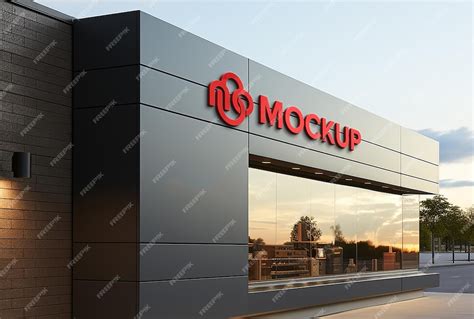 상점 표지판 모 3d 크롬 전면 로고 모 현대 전면 표지판 빨간 로고 모 전면 표지판 프리미엄 Ai 생성 Psd