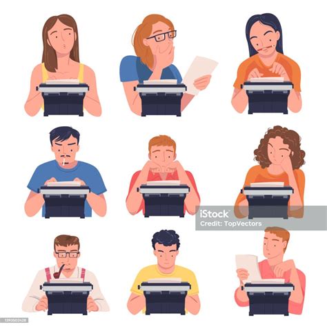 타자기의 인물 작가 캐릭터 창조적 인 문학 작품 벡터 세트에 종사하는 책 쓰기 문학에 대한 스톡 벡터 아트 및 기타 이미지 문학 문화 벡터 Istock