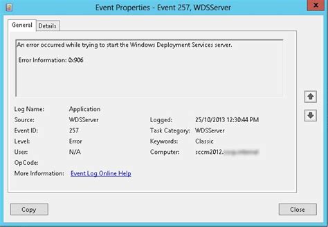 event properties event 257 wdsserver error with deployment