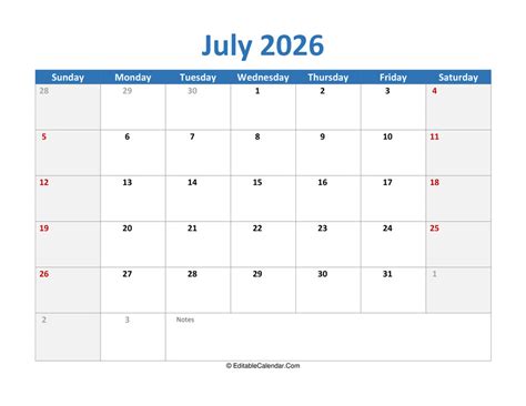 July 2026 Printable Calendar With Holidays