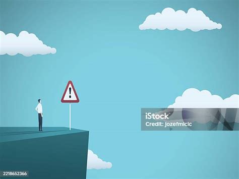 비즈니스 위험 벡터 개념입니다 경고 표지판을 들고 절벽 가장자리에 서 있는 사업가 위험 실패 파산 불황 및 위기의 상징 개념에 대한 스톡 벡터 아트 및 기타 이미지 Istock