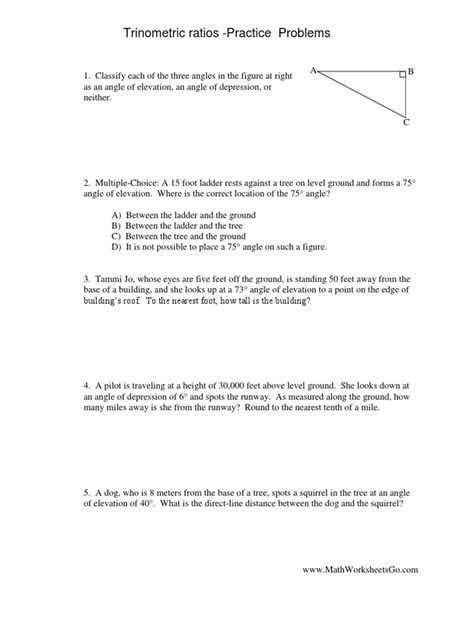 Trig Ratio Word Problems Worksheet
