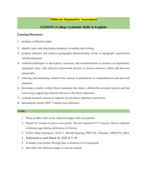 GED Midterm Summative Assessment Midterm Summative Assessment GED College Academic