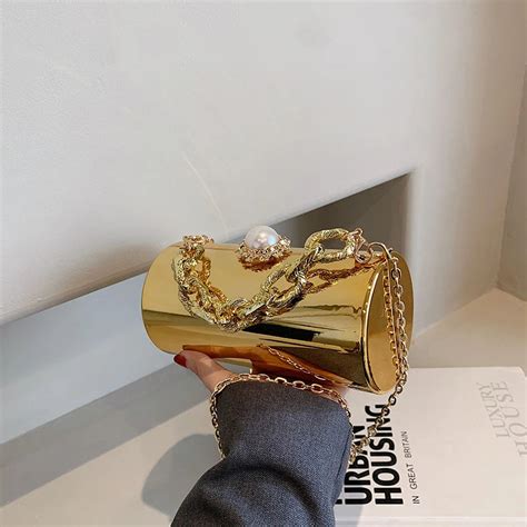 Golden Chain Cylinder Clutch With Pearl Accent On Luulla