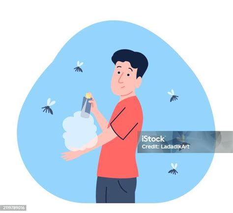 모기 스프레이 사용 방지 벌레 물림 및 질병으로부터 계절적 자기 안전 남자와 모기 주위를 날고 자연에 대한 문제 최근 벡터 장면 뎅기열에 대한 스톡 벡터 아트 및 기타