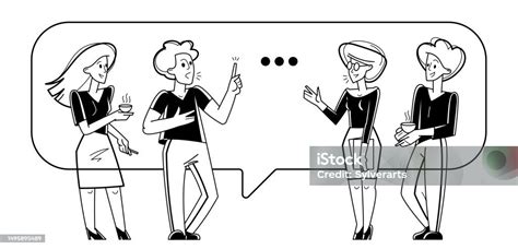 젊은이들로 구성된 팀이 직장에서 몇 가지 문제를 해결하는 것에 대해 토론하고 새로운 창의적인 아이디어에 대해 브레인스토밍하고 벡터 개요 그림을 보여줍니다 개발에 대한 스톡