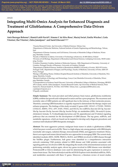 Pdf Integrating Multi Omics Analysis For Enhanced Diagnosis And Treatment Of Glioblastoma A