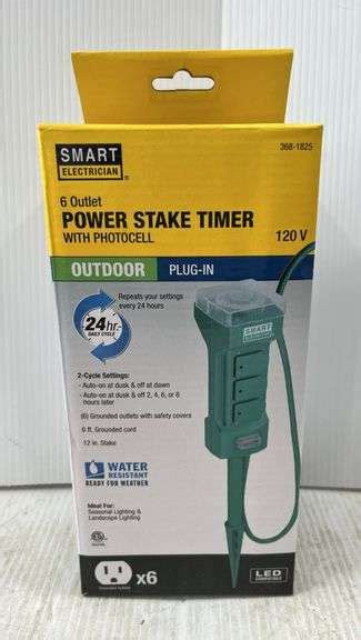 Smart Electrician 6 Outlet Power Stake With Timer With Photocell Plug