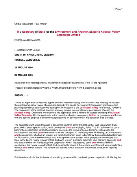 R V Secretary Of State For The Environment A Official Transcripts