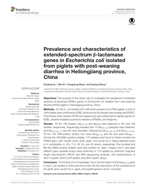 Pdf Prevalence And Characteristics Of Extended Spectrum β Lactamase Genes In Escherichia Coli
