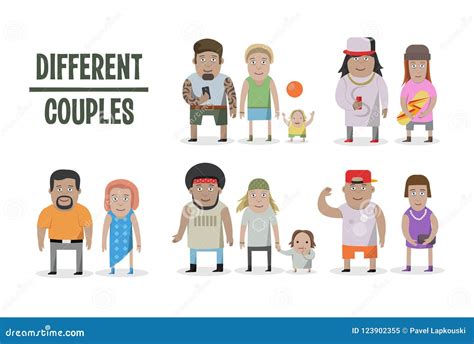Set Of Different Couples And Families Cartoon Style People Of Different Races Nationalities