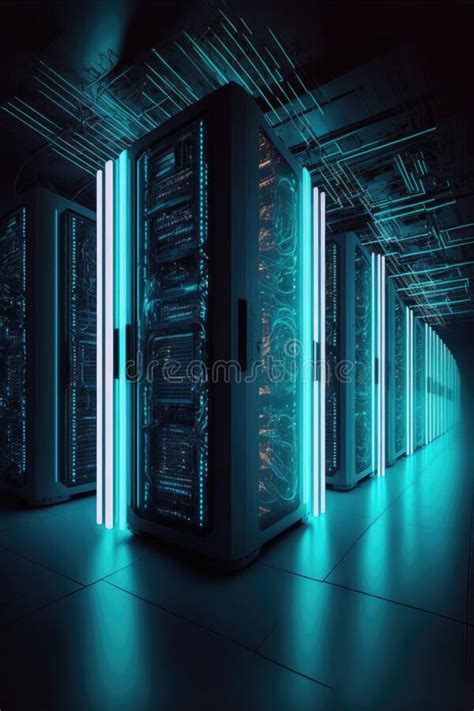 Computer Servers With Green Lights In Server Farm Created Using Generative Ai Technology Stock