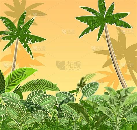 丛林日落或日出茂密的热带植被树叶高 手心蔓延景观插图橙色的天空卡通平的风格向量