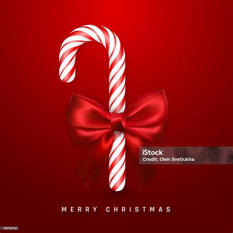 크리스마스 또는 새해 인사말 카드입니다 빨간 배경에 빨간 활과 리본과 현실적인 사탕 지팡이 벡터 일러스트레이션 겨울에 대한 스톡