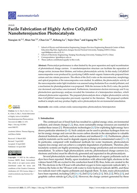 Pdf Facile Fabrication Of Highly Active Ceo2 Zno Nanoheterojunction Photocatalysts