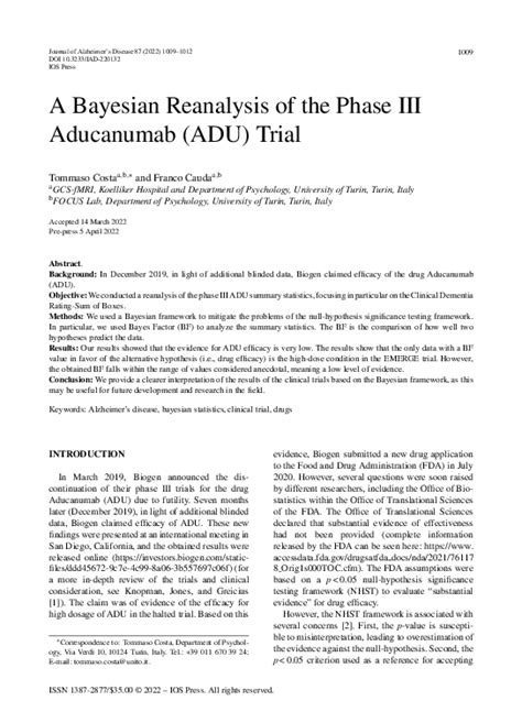 Pdf A Bayesian Reanalysis Of The Phase Iii Aducanumab Adu Trial