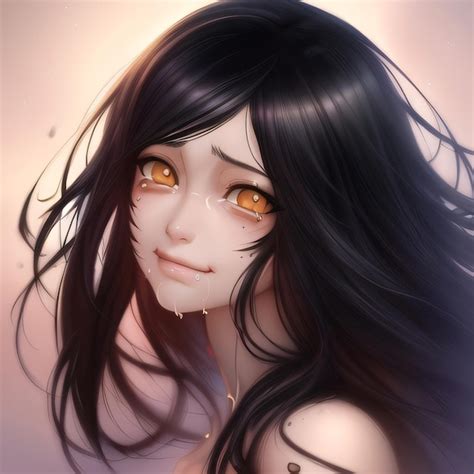 Premium Photo A Girl With Black Hair And Yellow Eyes Looks Down At