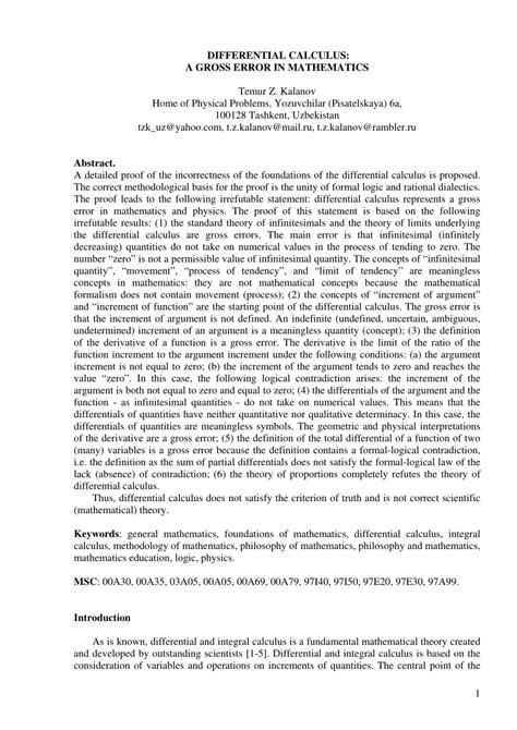 Pdf Differential Calculus A Gross Error In Mathematics