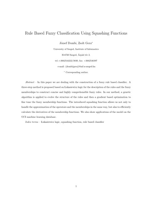 Pdf Rule Based Fuzzy Classification Using Squashing Functions