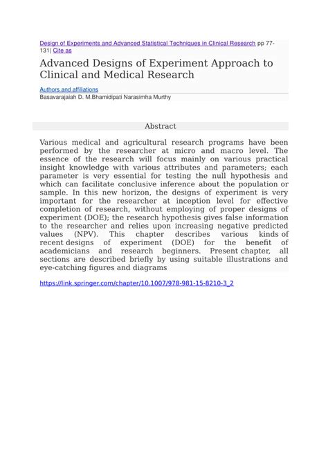 Pdf Design Of Experiments And Advanced Statistical Techniques In Clinical Research Design Of
