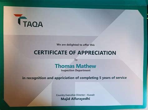 Thomas Mathew On Linkedin Service Certificate From Taqa