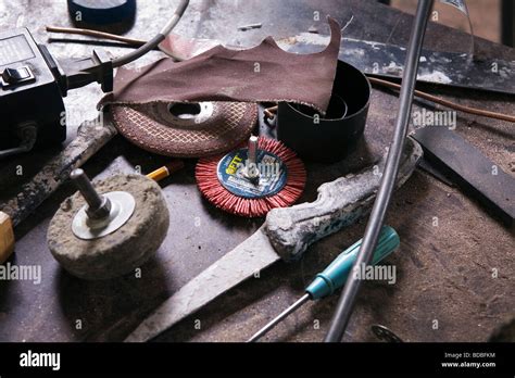 Different Tools On Table In Workshop Stock Photo Alamy