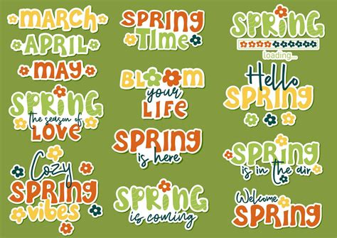 Set Of Spring Stickers In Retro Style Groovy Motivational Slogan 26183419 Vector Art At Vecteezy