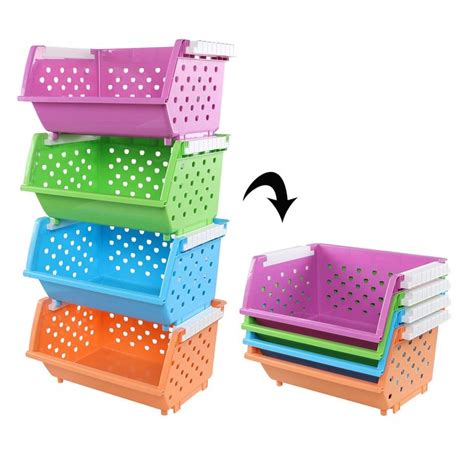 Tyminin 4 Pack Plastic Kitchen Stackable Storage Baskets Colored Stacking Open Front Storage