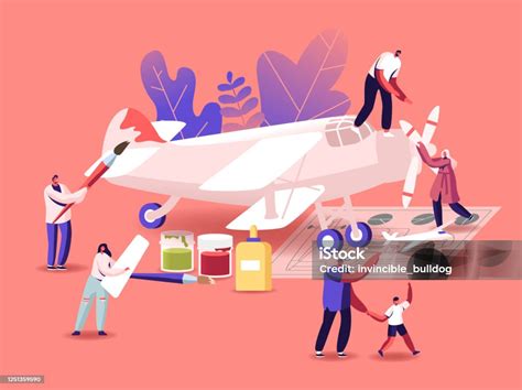 항공기 모델링 개념 작은 남성과 여성 캐릭터 조립 및 거대한 비행기 모델을 그림 계획 아버지와 아들 창조적 인 취미를 사용하여 프로펠러를 넣어 만화 사람들 벡터