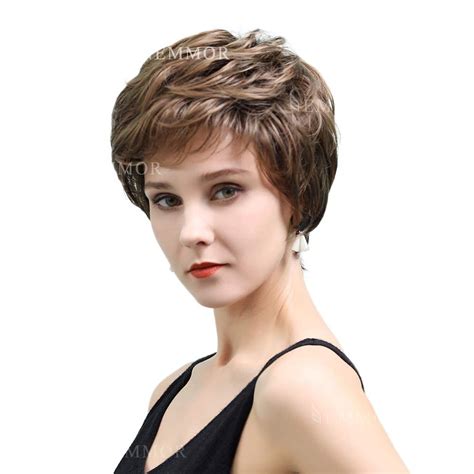 Emmor Short Brown Human Hair Wigs For Women Blend Pixie Cut Wig With