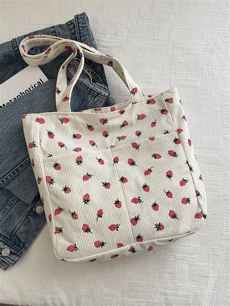 1 Sac à Bandoulière En Velours Côtelé En Forme De Fraise Avec Sangle D