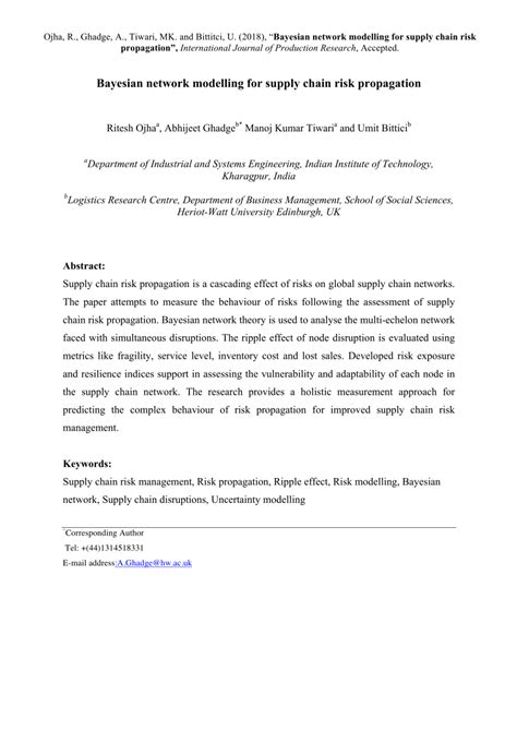 Pdf Bayesian Network Modelling For Supply Chain Risk Propagation