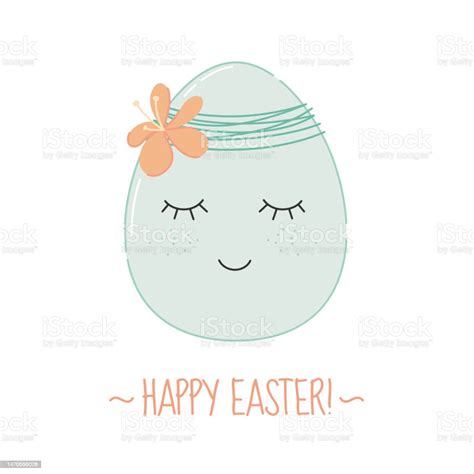 귀여운 졸린 얼굴과 플랫 스타일의 봄 꽃 화환을 가진 부활절 달걀 공휴일에 대한 스톡 벡터 아트 및 기타 이미지 공휴일 귀여운 꽃 식물 Istock