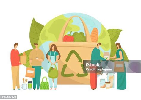 에코 백 환경 생태를 위한 플라스틱 폐기물 제로 벡터 삽화를 재활용합니다 플랫 유기농 재사용 생태 친화적 인 재사용 가방 0에