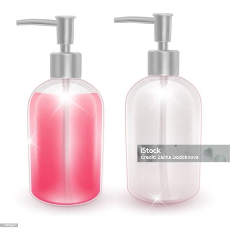 흰색 바탕에 액체 비누 또는 샴푸 분홍색 액체와 빈 항아리와 유리병 귀하의 브랜드에 대 한 템플릿입니다 Realistik 벡터