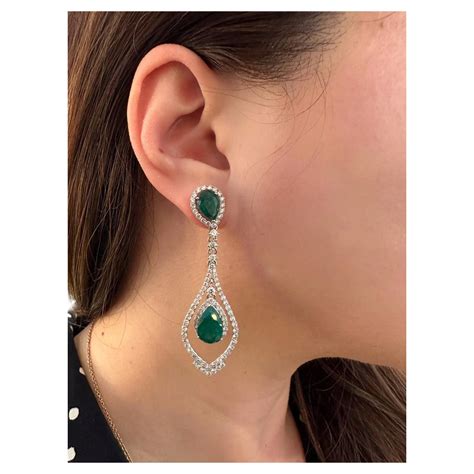 10 Carat Pear Cut Mirrored Emerald And Diamond Drop Earrings In 18k