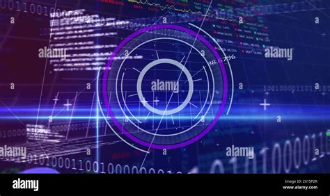Image Of Round Scanner Over Stock Market Data Processing And Light Trail Against Blue Background