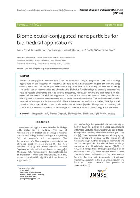 Pdf Biomolecular Conjugated Nanoparticles For Biomedical Applications Prachi Goyal